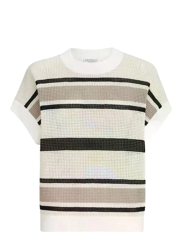 Brunello Cucinelli Striped Cotton Net Knit T-shirt - Neutrals