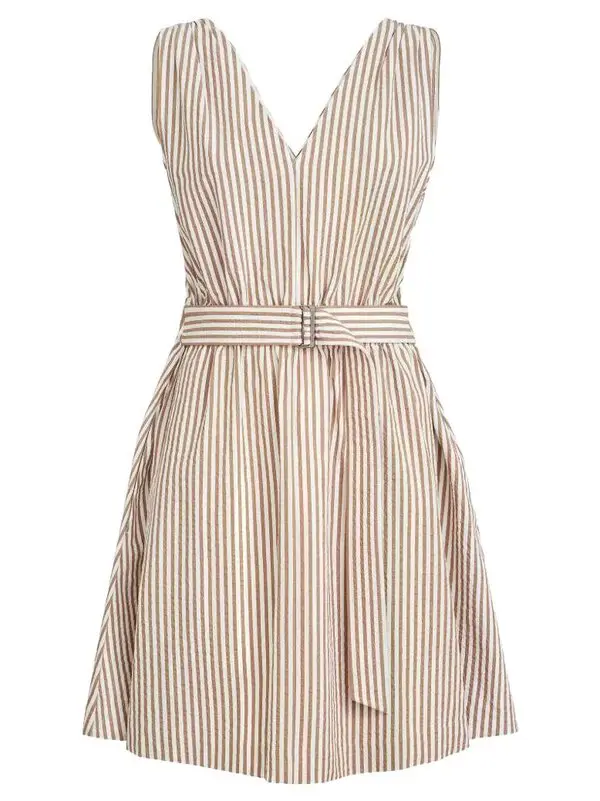 Brunello Cucinelli Techno-cotton Striped Seersucker Belted Mini Dress - Neutrals
