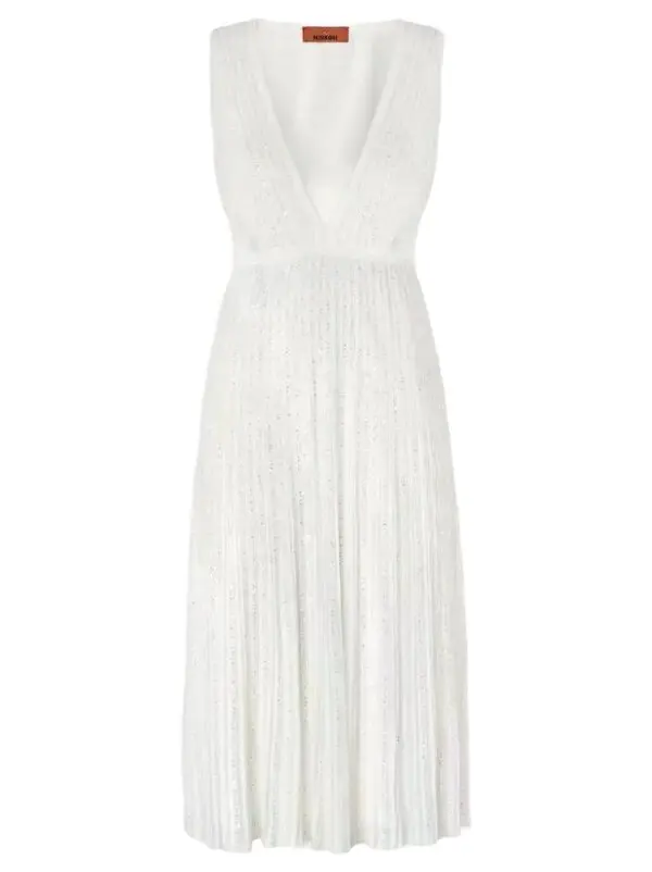 Missoni V-neck Pleated Midi Dress - White