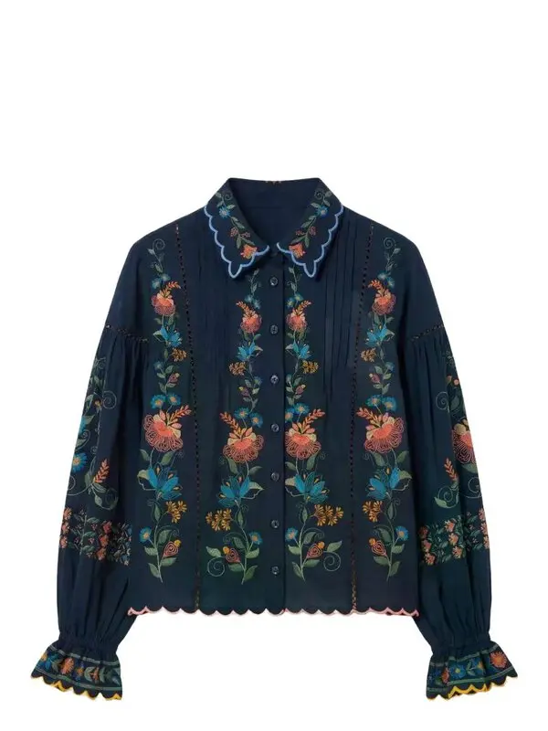 Farm Rio Embroidered Scalloped-edge Shirt - Blue
