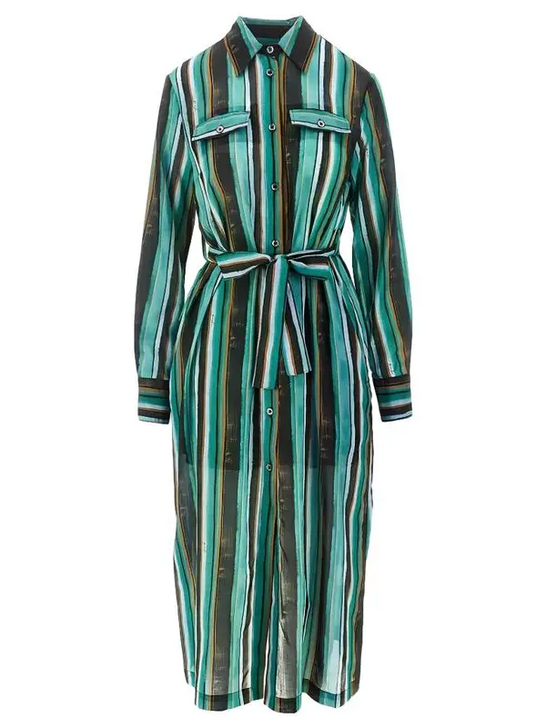 Pinko Striped Belted Shirt Dress - Green
