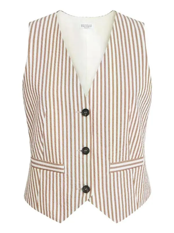 Brunello Cucinelli Striped Seersucker Vest With Monili - Neutrals