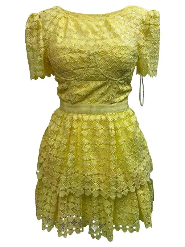 SELF-PORTRAIT Heart Lace Tiered Dress - Yellow