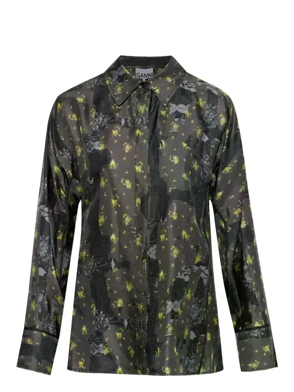 GANNI Floral-print Silk Shirt - Grey