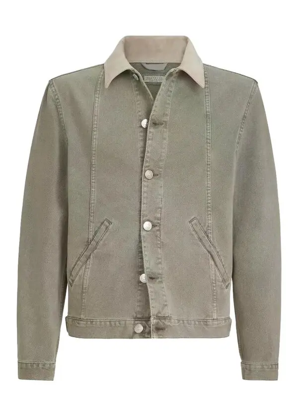 Brunello Cucinelli Garment-dyed Denim Jacket With Leather Collar - Green