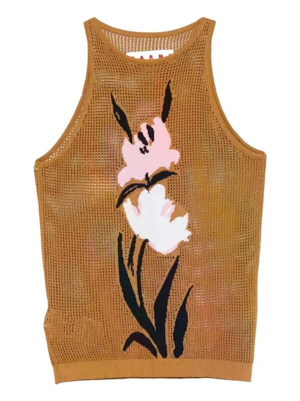 Marni Floral-intarsia Mesh Top - Brown