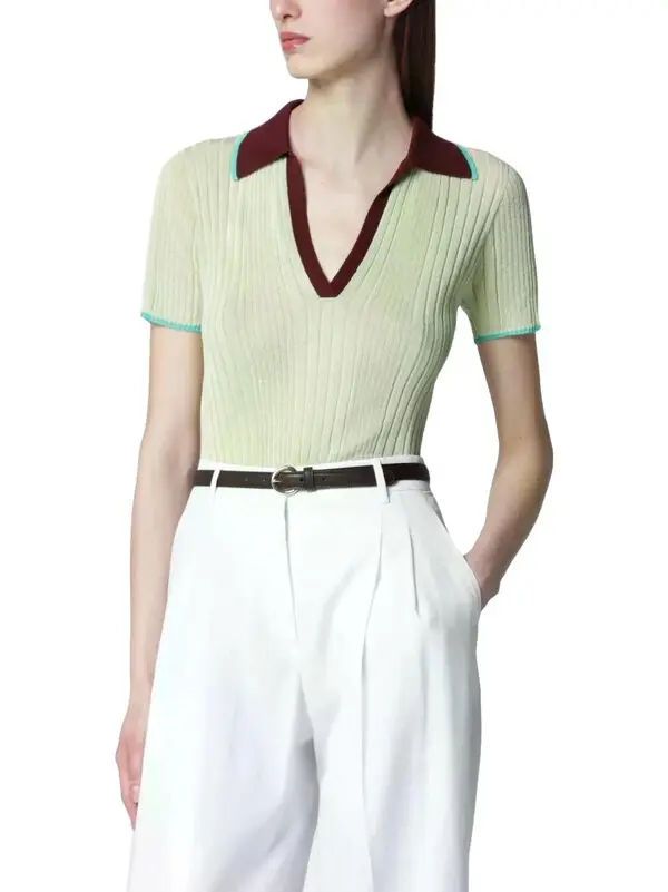 ROBERTO COLLINA V-neck Ribbed Knit Short Sleeve Polo Shirt - Green