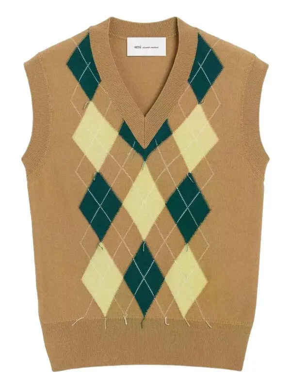AMI Paris Argyle Intarsia Sleeveless Sweater - Neutrals