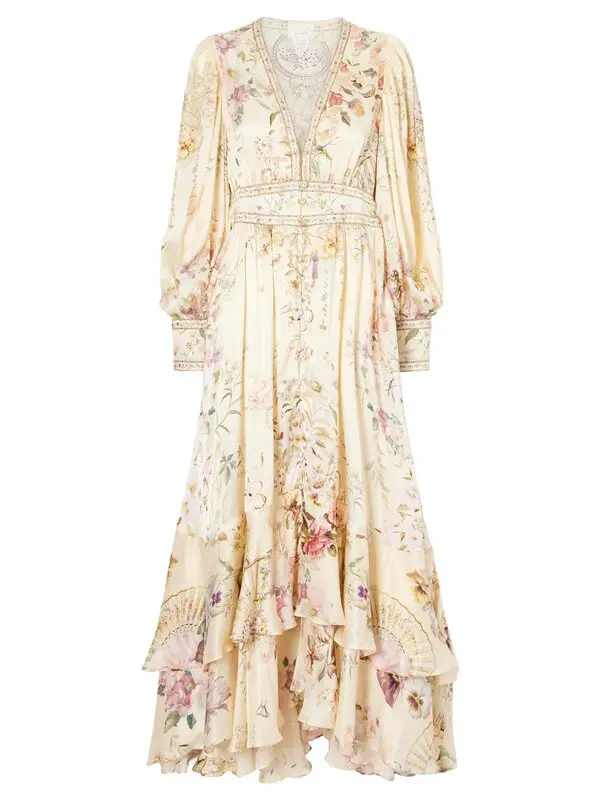 Camilla Crystal-embellished Tiered Floral-print Silk-chiffon Midi Dress - Neutrals