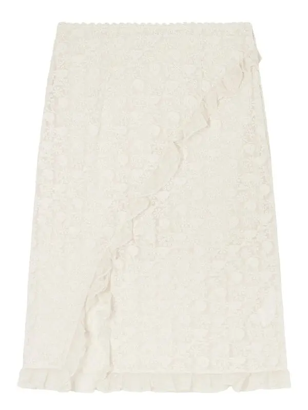 DÔEN Aurella Ruffled Embroidered Mesh Midi Skirt - Neutrals