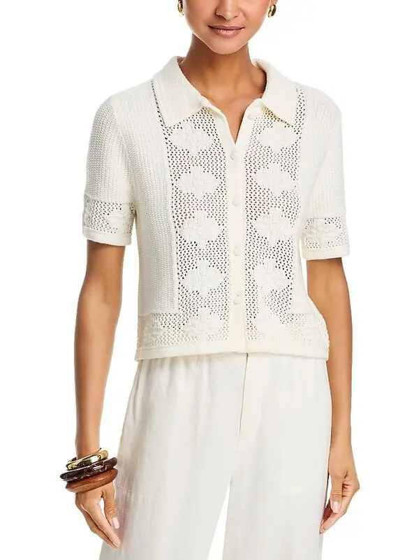 Velvet By Graham & Spencer Short Sleeve Collared Cardigan - Milk White