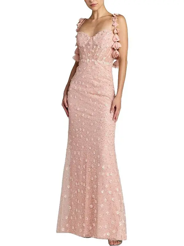 Mac Duggal Sleeveless Sequin Gown With Floral Detail - Rose Gold