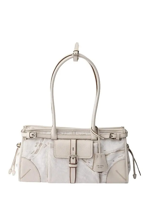 Prada Bonnie Medium Printed Linen And Leather Handbag - White