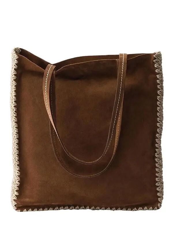 Prada Large Suede And Crochet Tote - Dark Brown