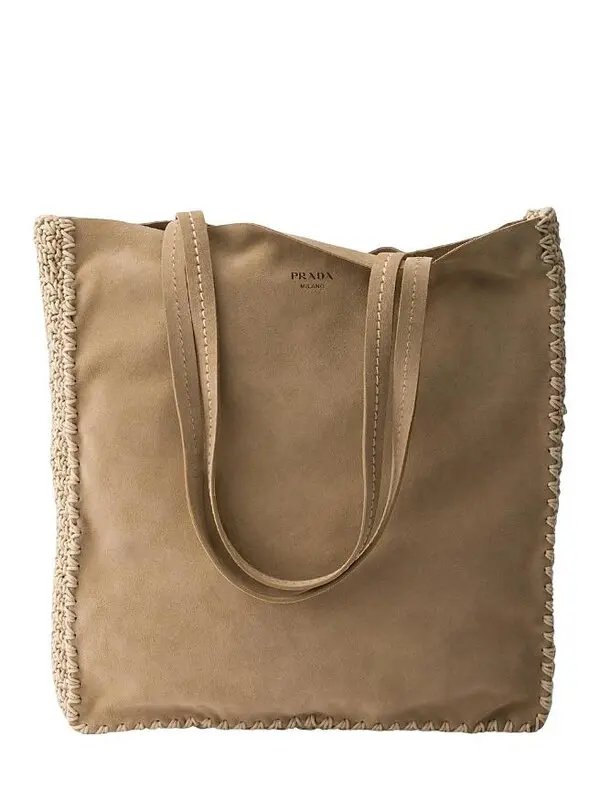 Prada Large Suede And Crochet Tote - Neutral