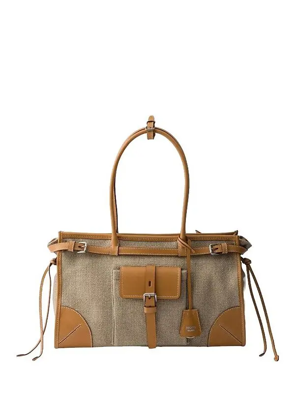 Prada Linen And Leather Tote Bag - Neutral