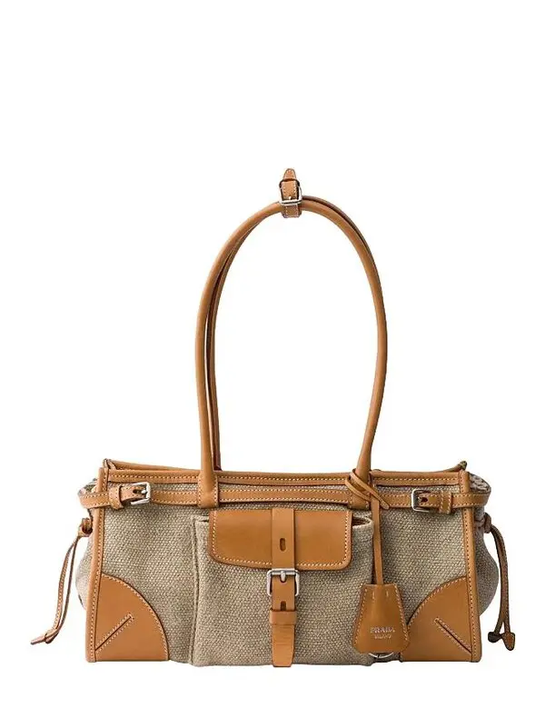 Prada Bonnie Medium Linen And Leather Handbag - Neutral