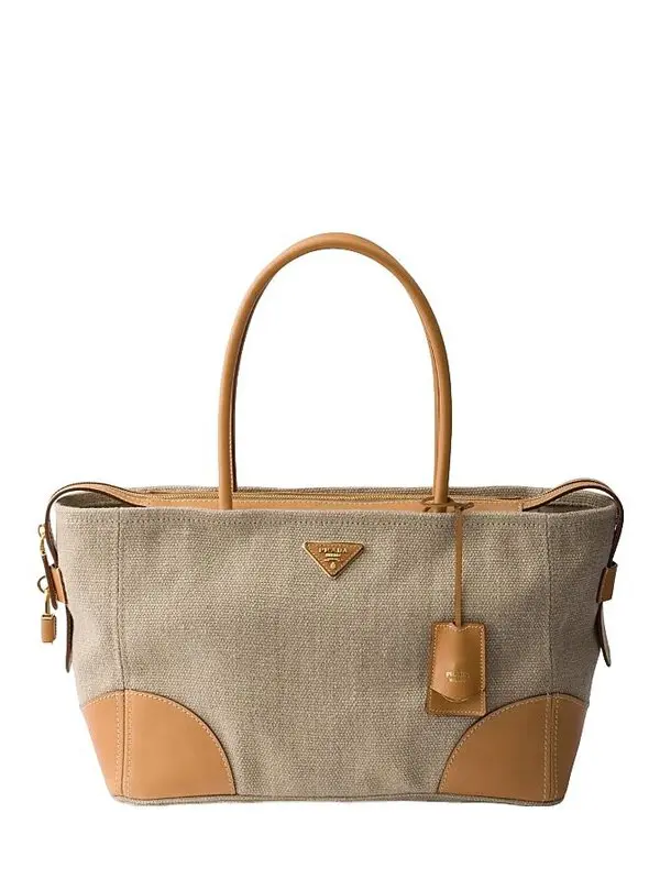 Prada Linen And Leather Tote Bag - Neutral