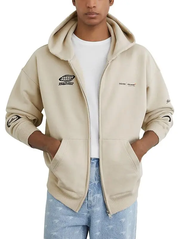 REISS Motorsport Zip Through Logo Sweatshirt - Stone