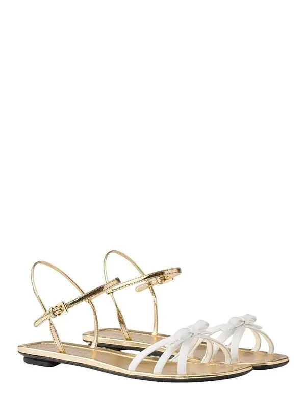 Prada Flat Patent And Metallic Leather Sandals - White