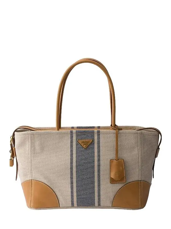Prada Large Canvas And Leather Shopper - Neutral/blue