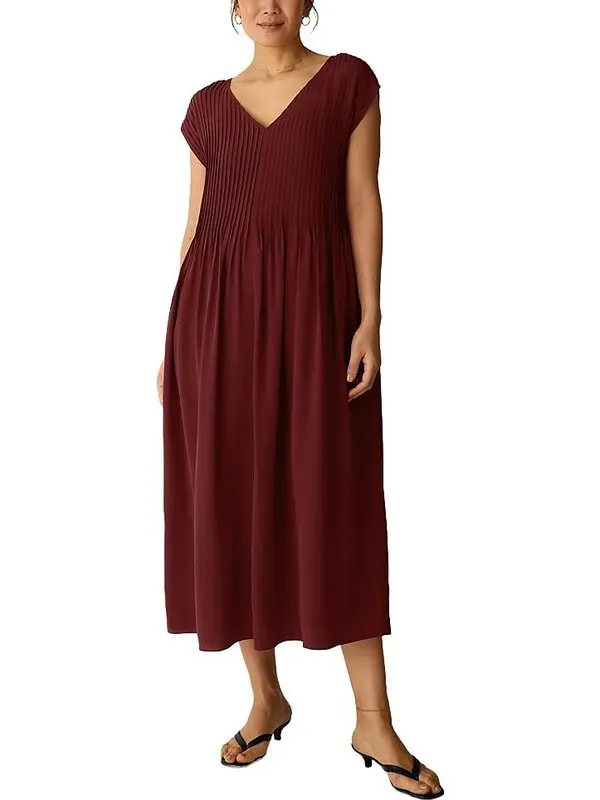 Eileen Fisher Silk Crepe De Chine V-neck Midi Dress - Sdtom