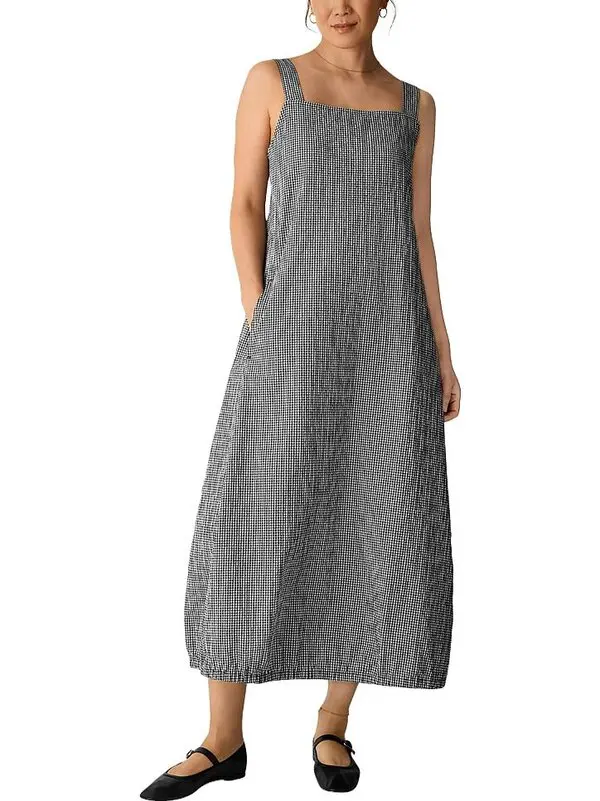 Eileen Fisher Square Neck Gingham Lantern Dress - Black/white