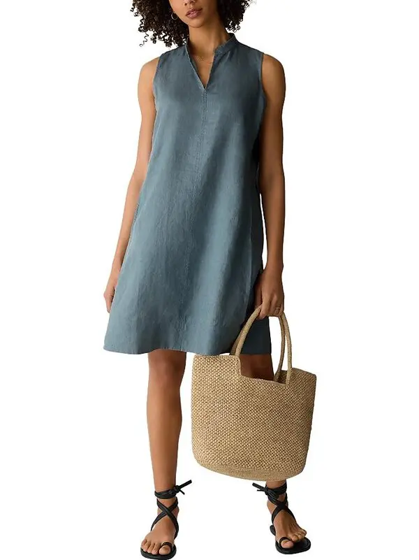Eileen Fisher Split V Neck Linen Dress - Nile