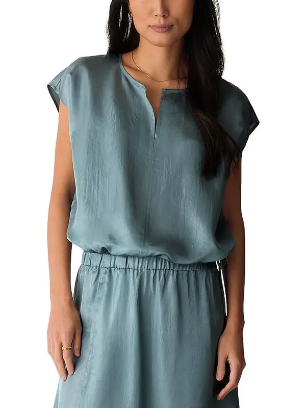 Eileen Fisher Lightweight Satin Shimmer Split Neck Square Top - Nile