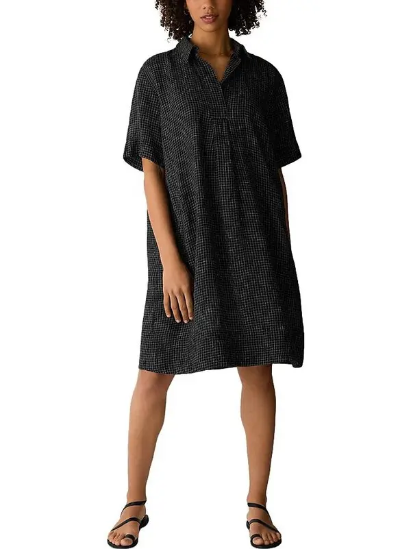 Eileen Fisher Puckered Linen Grid Classic Collar Dress - Black/white