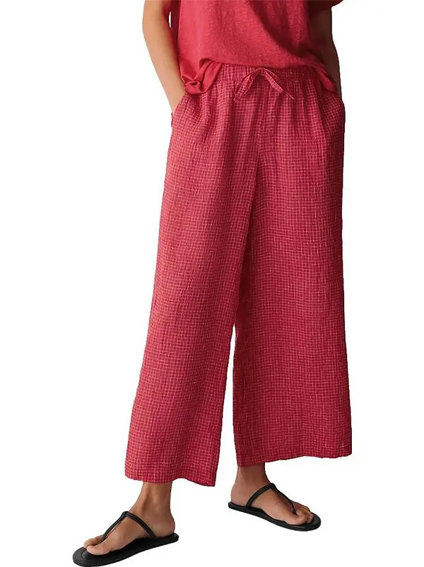 Eileen Fisher Puckered Linen Grid Wide Ankle Pants - Garden