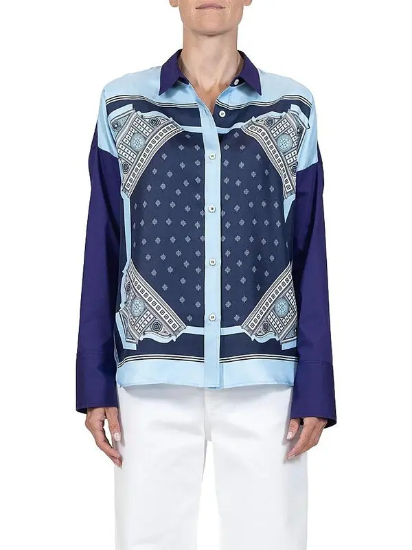 CALLAS MILANO Sirene Scarf Print Button-up Shirt - Ocean Navy