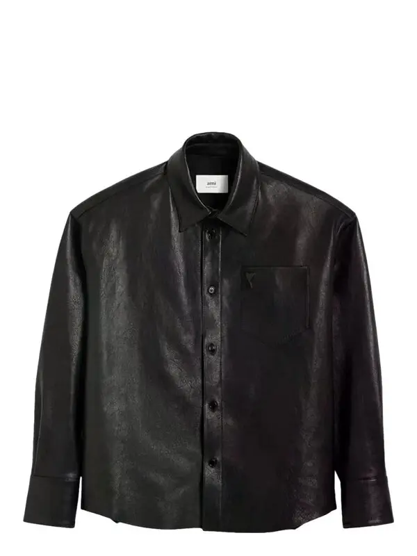 AMI Paris De Coeur Leather Shirt Jacket - Black