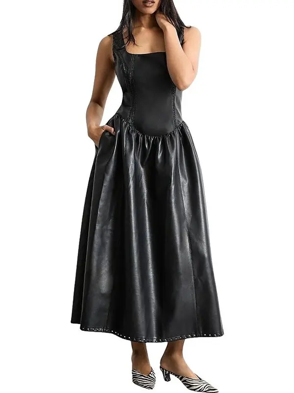 WAREHOUSE Faux Leather Whipstitch Trim Midi Dress - Black