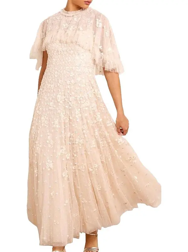 NEEDLE & THREAD Dahlia Ditsy Short Cape Ankle Gown - Cream