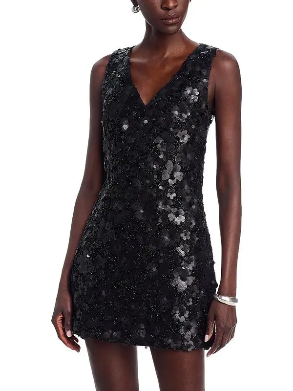 Michael Kors Sequin Flower V-neck Mini Dress - Black
