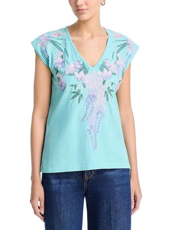 Johnny Was Embroidered V-neck Cotton Tee - Marine Blue