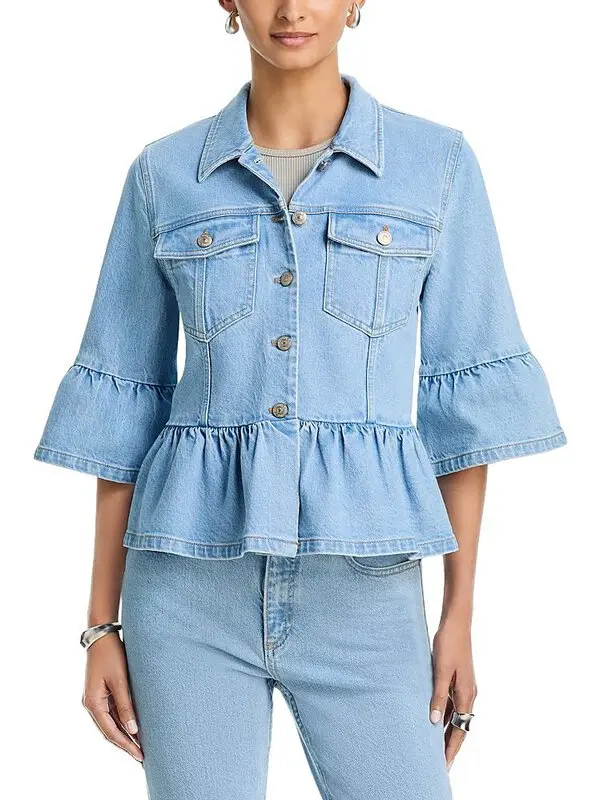Cinq À Sept Mandie Denim Jacket With Ruffled Peplum And Bell Sleeves - Mist