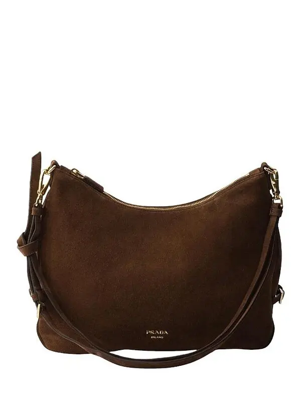 Prada Large Suede Shoulder Bag - Brown