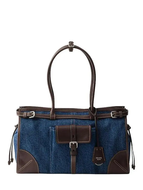 Prada Bonnie Large Denim And Leather Handbag - Blue