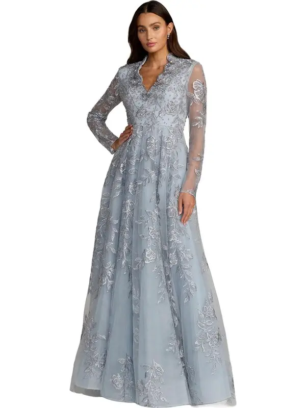 Mac Duggal Embroidered V-neck Long Sleeve Gown - Slate Blue