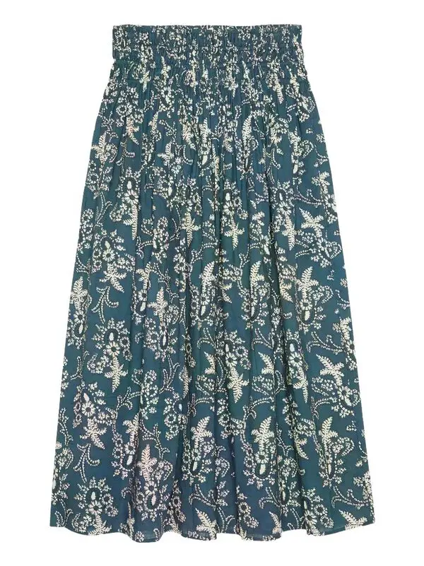 The Great. The Viola Smocked Floral-print Midi Skirt - Blue