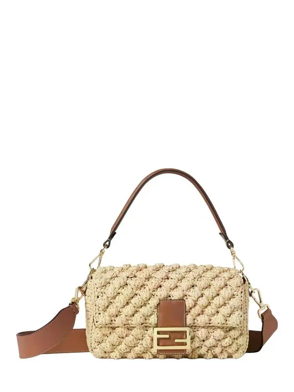Fendi Medium Baguette Raffia Shoulder Bag - Neutrals