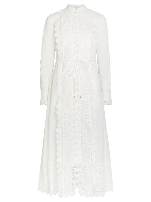 Zimmermann Aster Embroidered Belted Ramie Midi Dress - Ivory