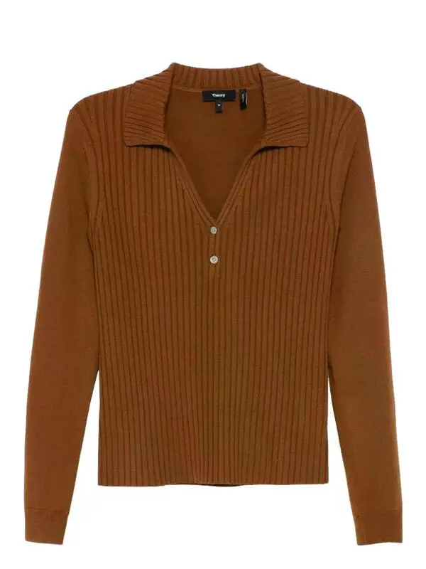 Theory Ribbed Polo Top - Brown