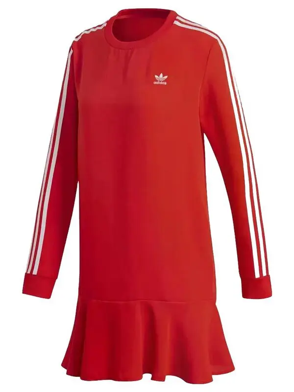 Adidas 3-stripe Long-sleeve Ruffled Dress - Red