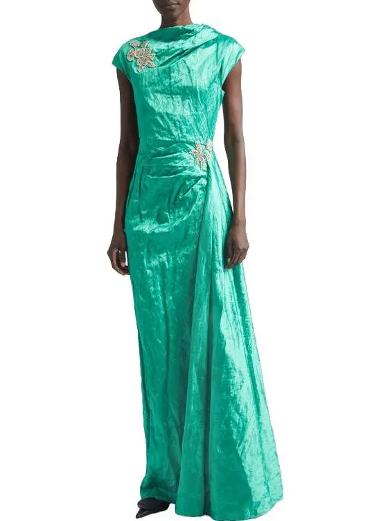 Erdem Embellished Asymmetric Crushed Satin Gown - Sea Green