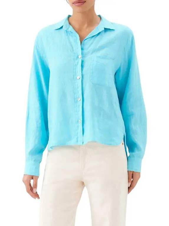 Karen Kane Linen Button-up Shirt - Aqua