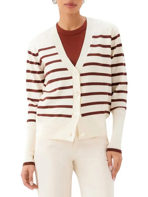 Karen Kane Striped Knit Cardigan Sweater - Cream/chocolate