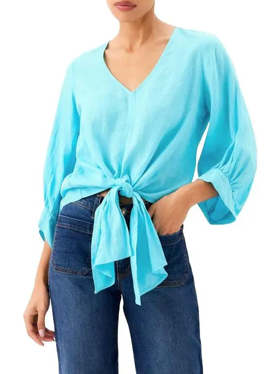 Karen Kane Tie-front Linen Top - Aqua
